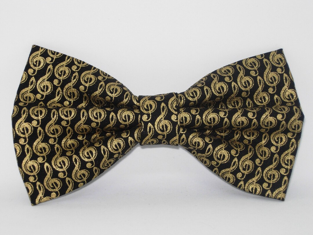 Black & Gold Bow Tie, Metallic Gold Treble Clefs on Black, Pre-tied Bow Tie, Music Concert, Bow ...
