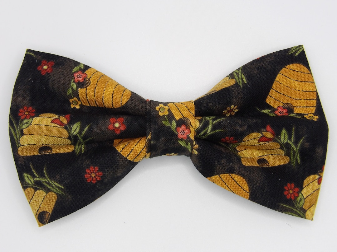 Bee Hive Bow Tie, Tan Bee Skeps & Flowers on Black, Pre-tied Bow Tie ...