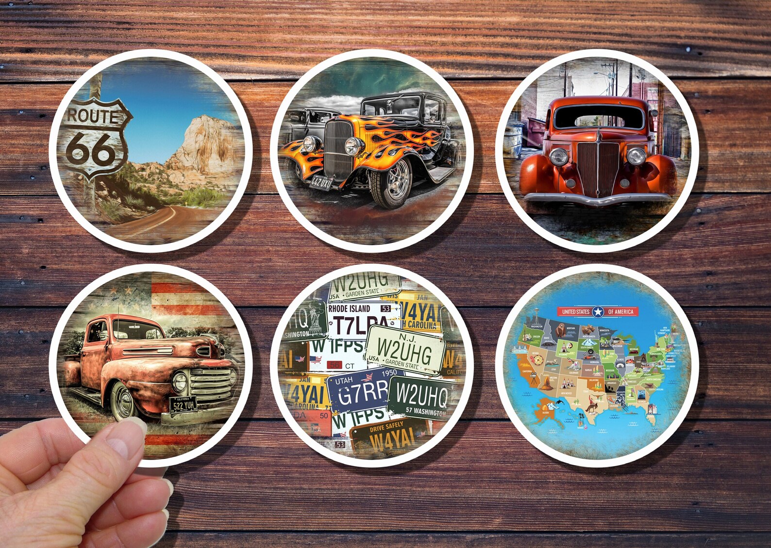 Set of 6 Route 66 Stickers (set 3) Vintage Cars, Retro License Plates ...