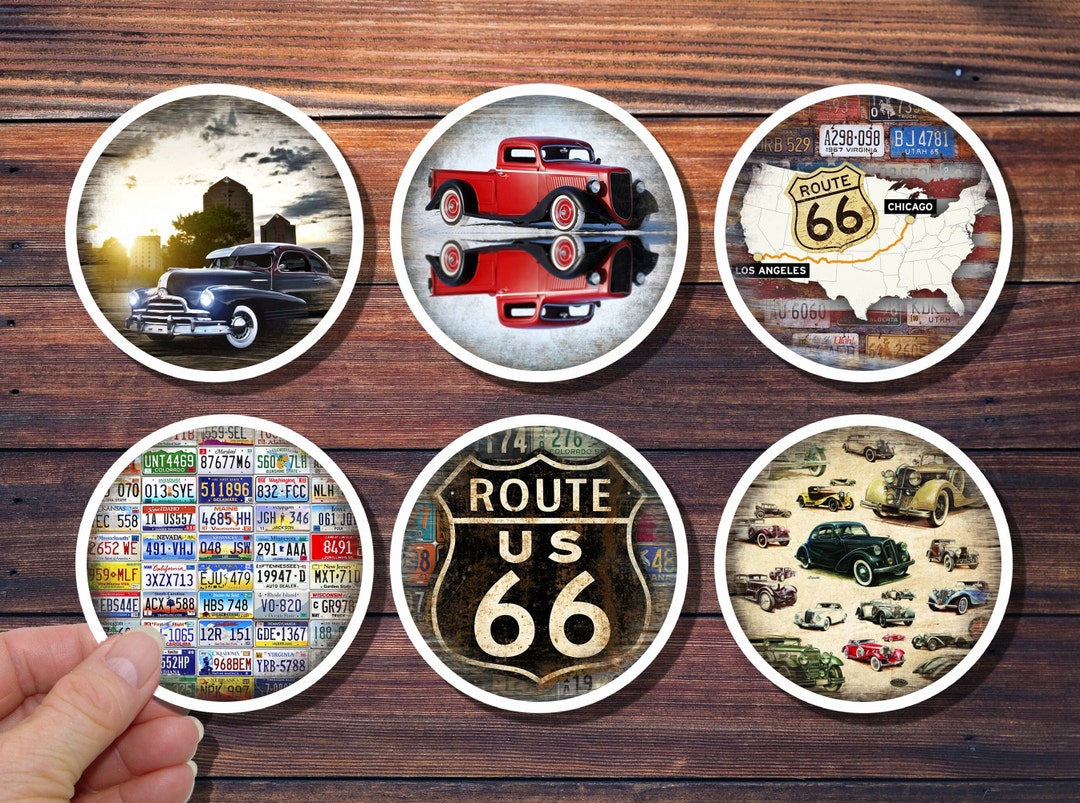 Set of 6 Route 66 Stickers (set 4) Vintage Cars, Retro License Plates ...
