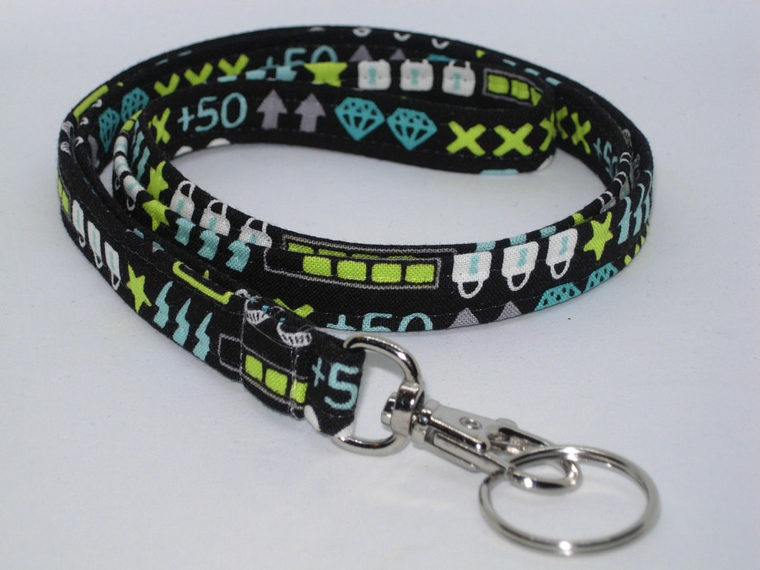 Gamer Lanyard, Video Game Icons on Black, Cell Phone Wristlet, Gaming ...
