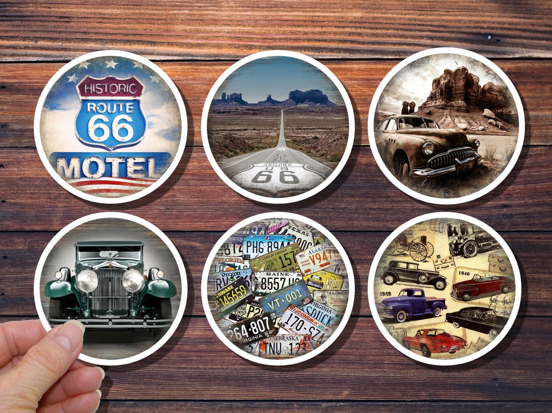 Set of 6 Route 66 Stickers (set 1) Vintage Cars, Retro License Plates ...