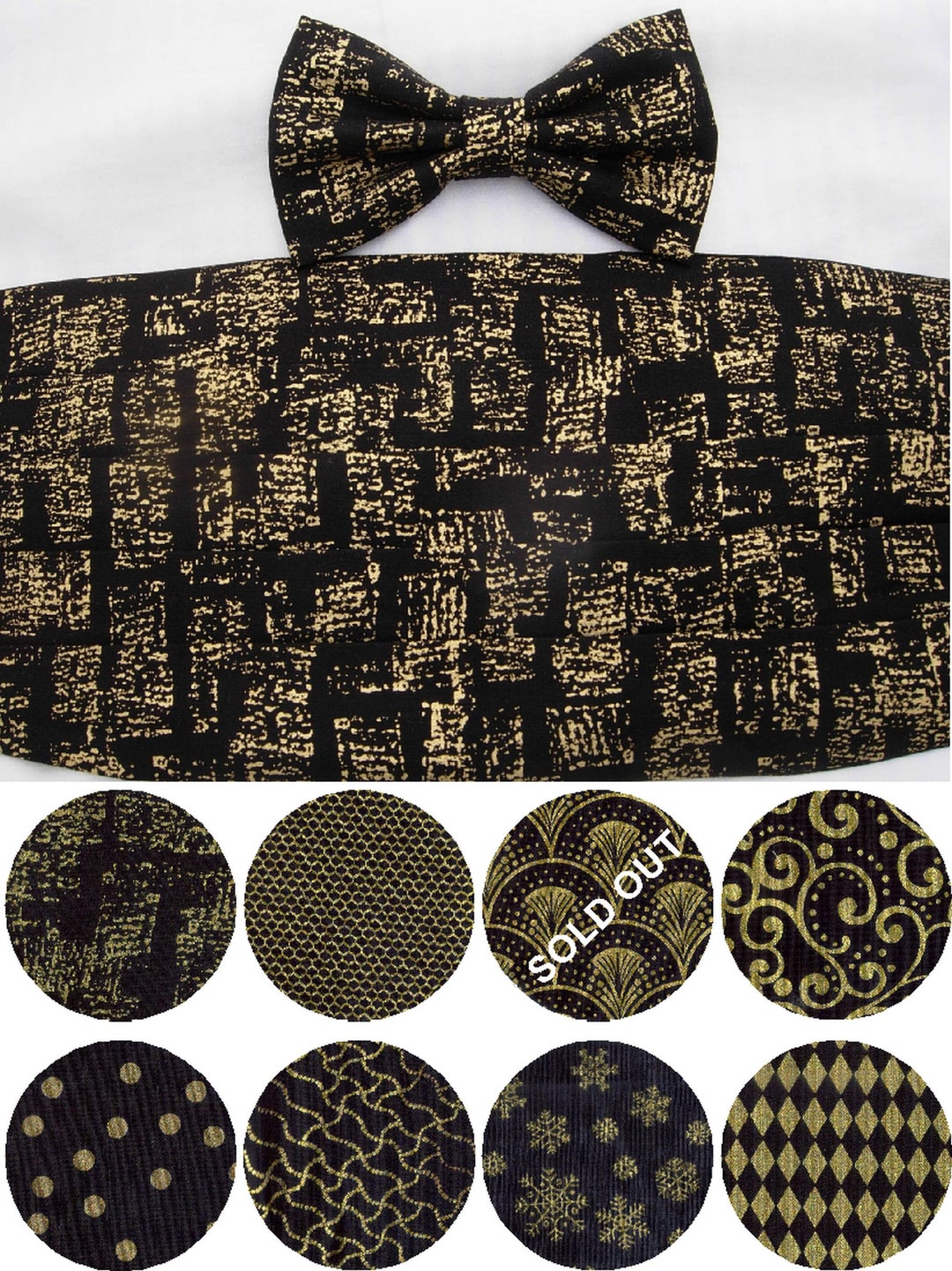 Metallic Gold & Black Cummerbund Set, 7 Patterns to Choose, Formal ...
