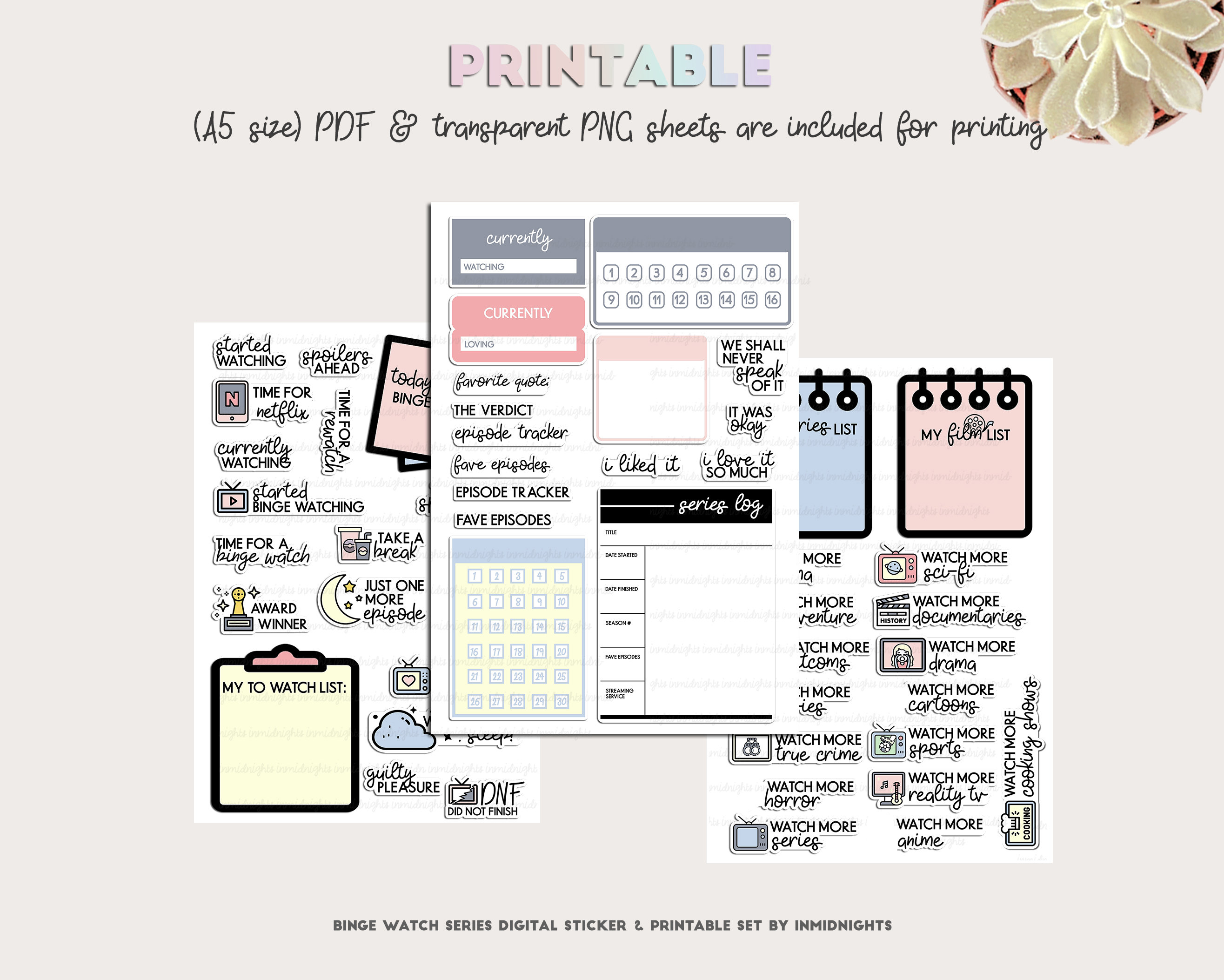 Binge Watch Series Digital Stickers & Printable Pastel Minimalist Movie ...
