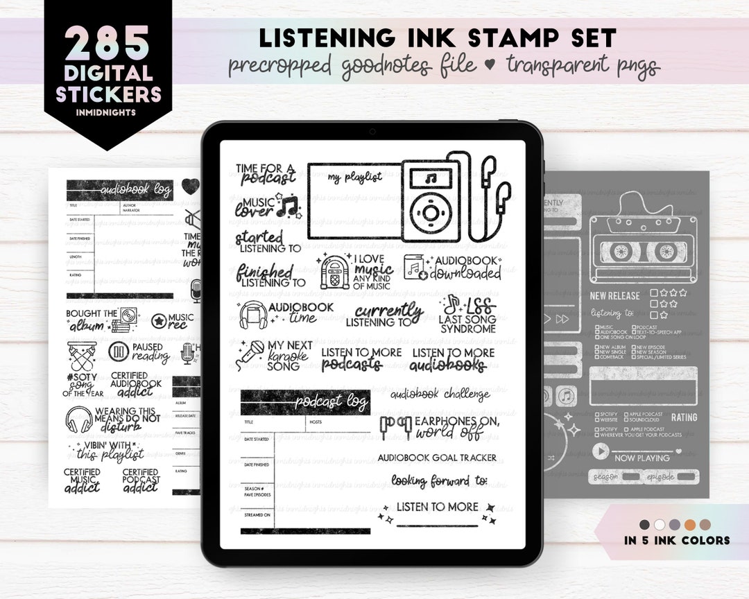 Ink Stamp Digital Stickers Listening Audiobook Podcast - Etsy