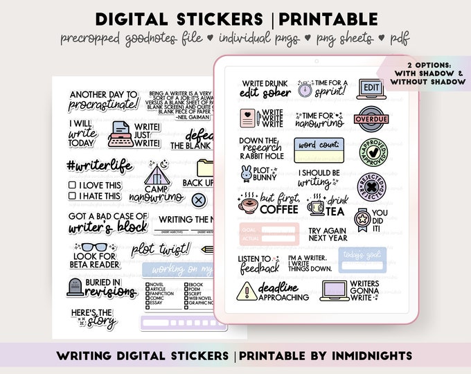 Writing Digital Stickers Nanowrimo Printable Minimalist Pastel Colored ...