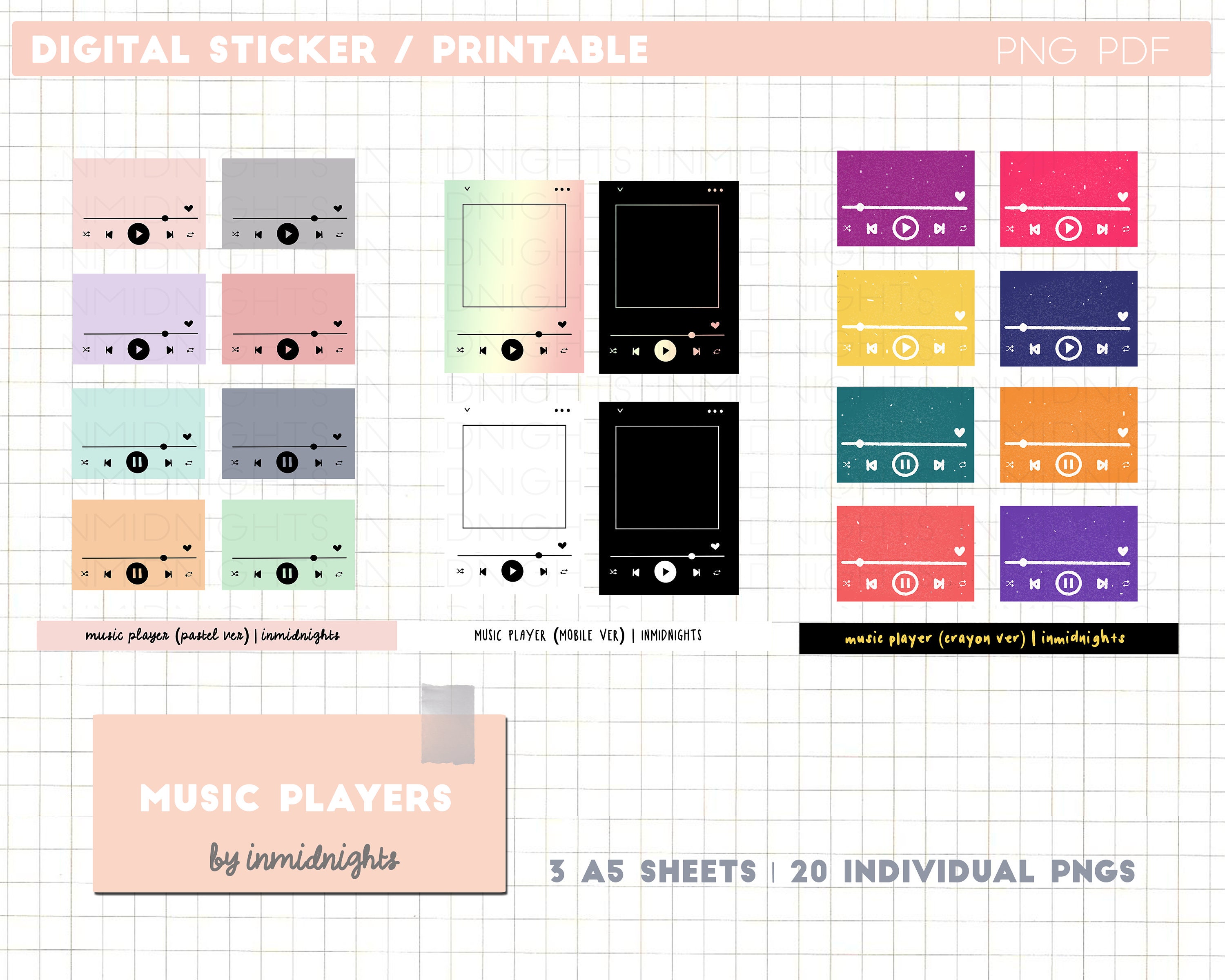 Music Player Digital Sticker Printable Handdrawn Crayon - Etsy