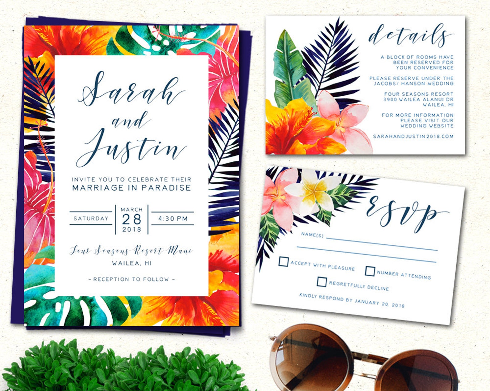 Wedding Invitation, Destination Wedding Invitation, Tropical Wedding ...