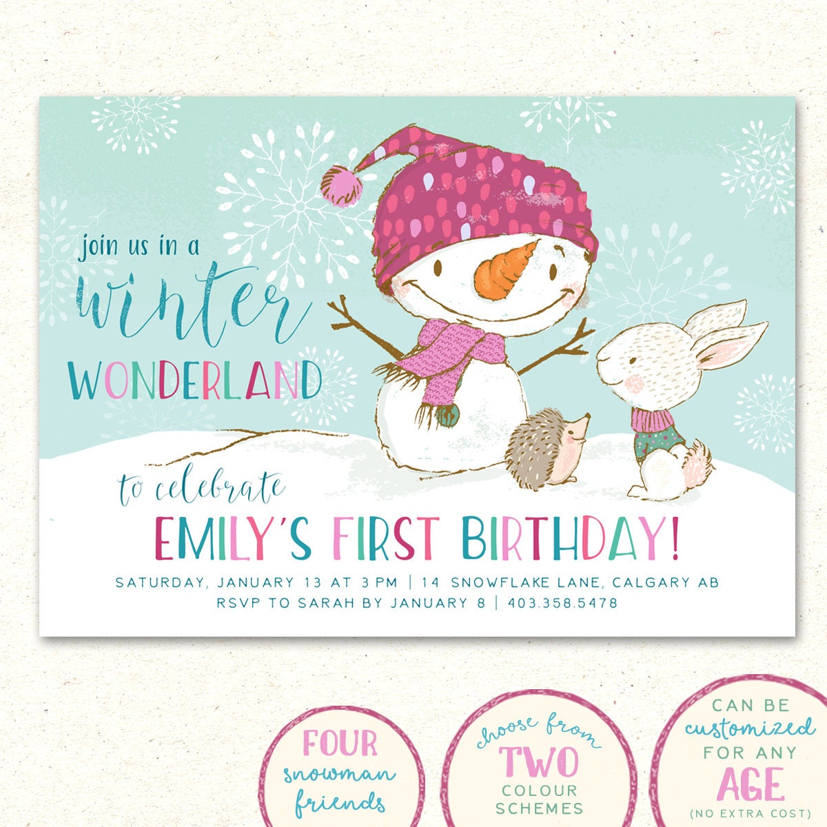 Winter Birthday Invitation Snowman Invitation Snowflake - Etsy Canada
