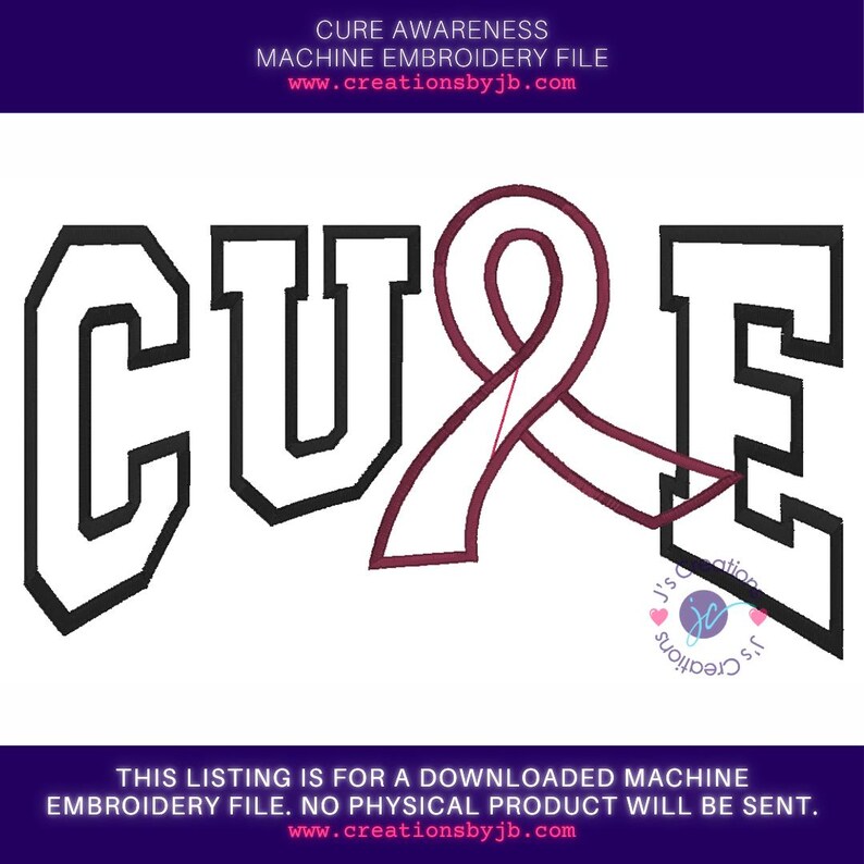 Cure Embroidery Design, Cure Applique, Pink Ribbon Applique, Cancer ...