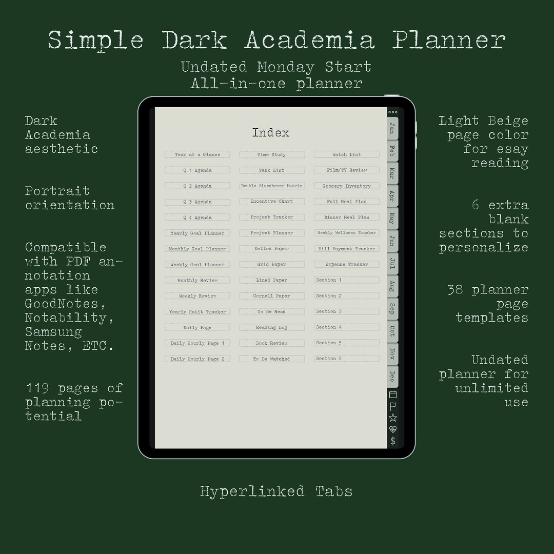 Simple Dark Academia Undated Digital Planner Monday Start Portrait ...