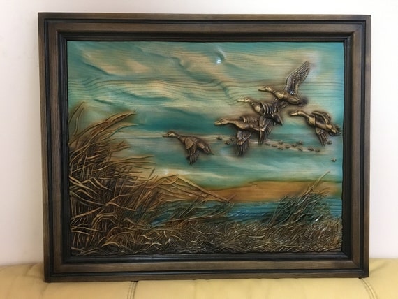 3D Carved Wooden Picture With Flight of Geese Wall Art for | Etsy