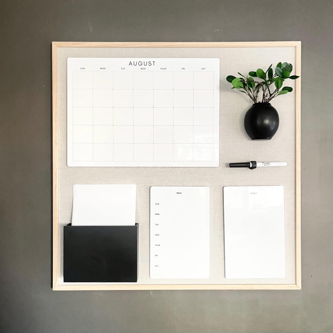 Wall Board Office Organizer Linen and Wood Framed Modern Custom Command ...