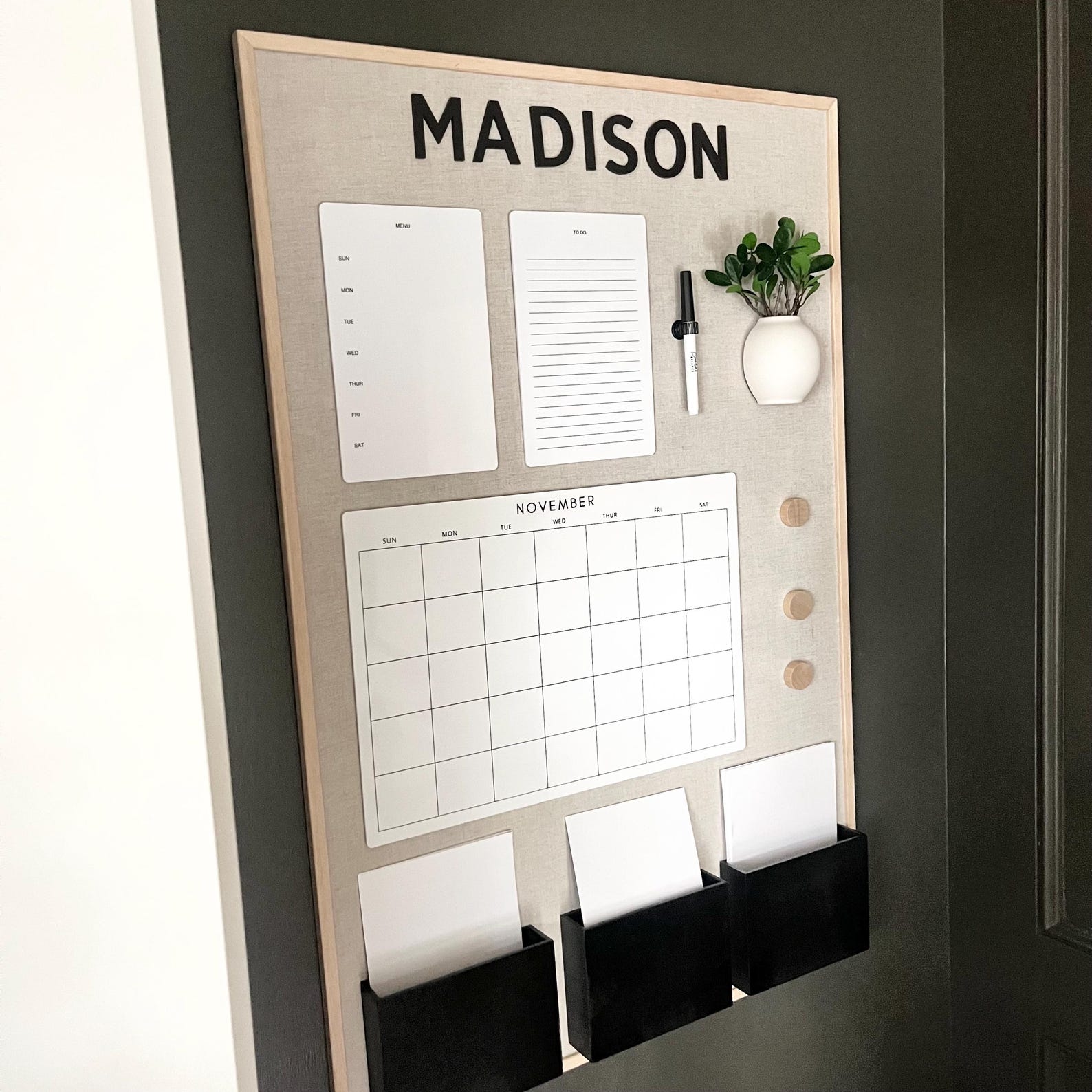 Family Message Center Organizer Board Home Office Decor Linen and Wood ...