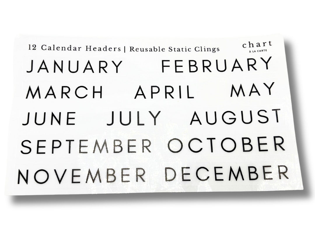 12 Calendar Month Headings, Static Cling, Reusable Modern Stickers ...