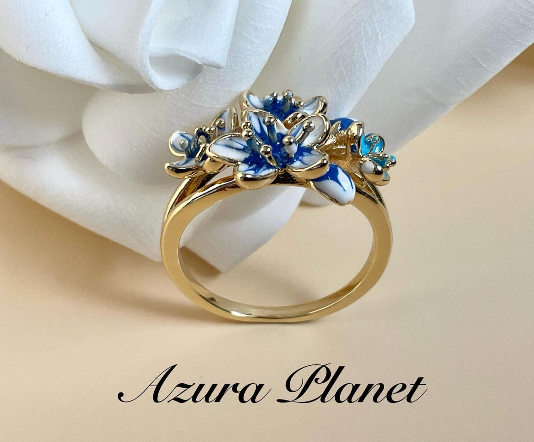 Blue Flower Ring Gold Filled With Enamel Flowers & Buds UK Sizes M - Q ...