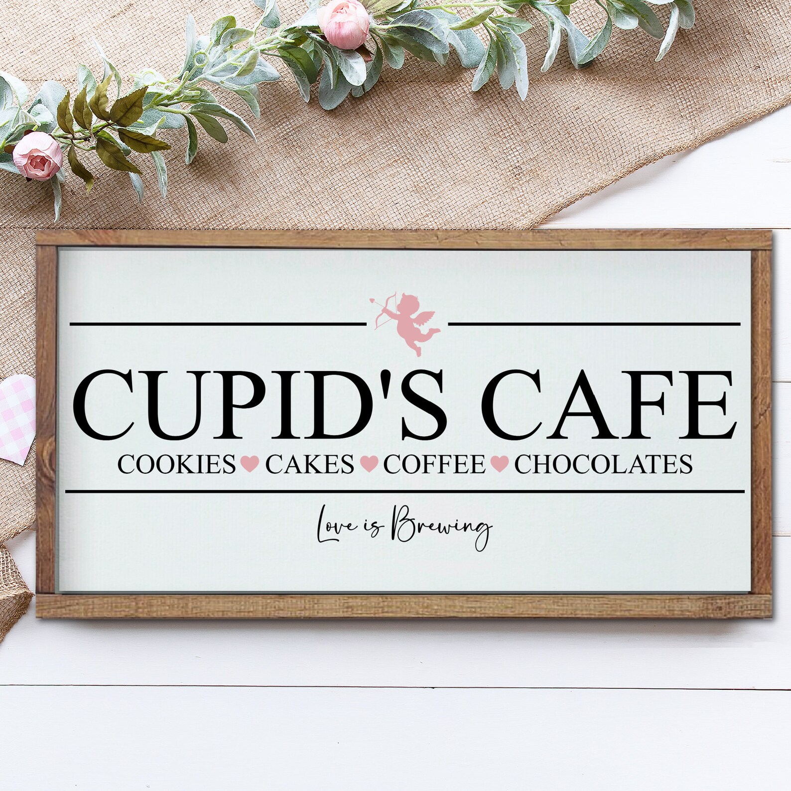 Cupid's Cafe Valentine Sign, Love is Brewing Valentines Day Wood Sign ...