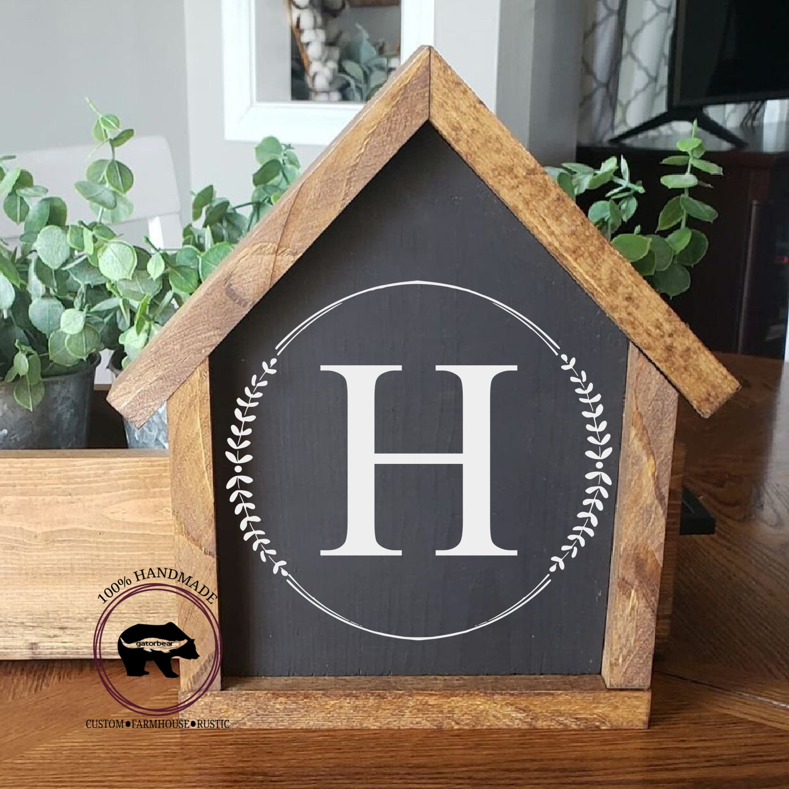 Last Initial Wood Sign Monogram Wood Sign House Shaped Sign - Etsy