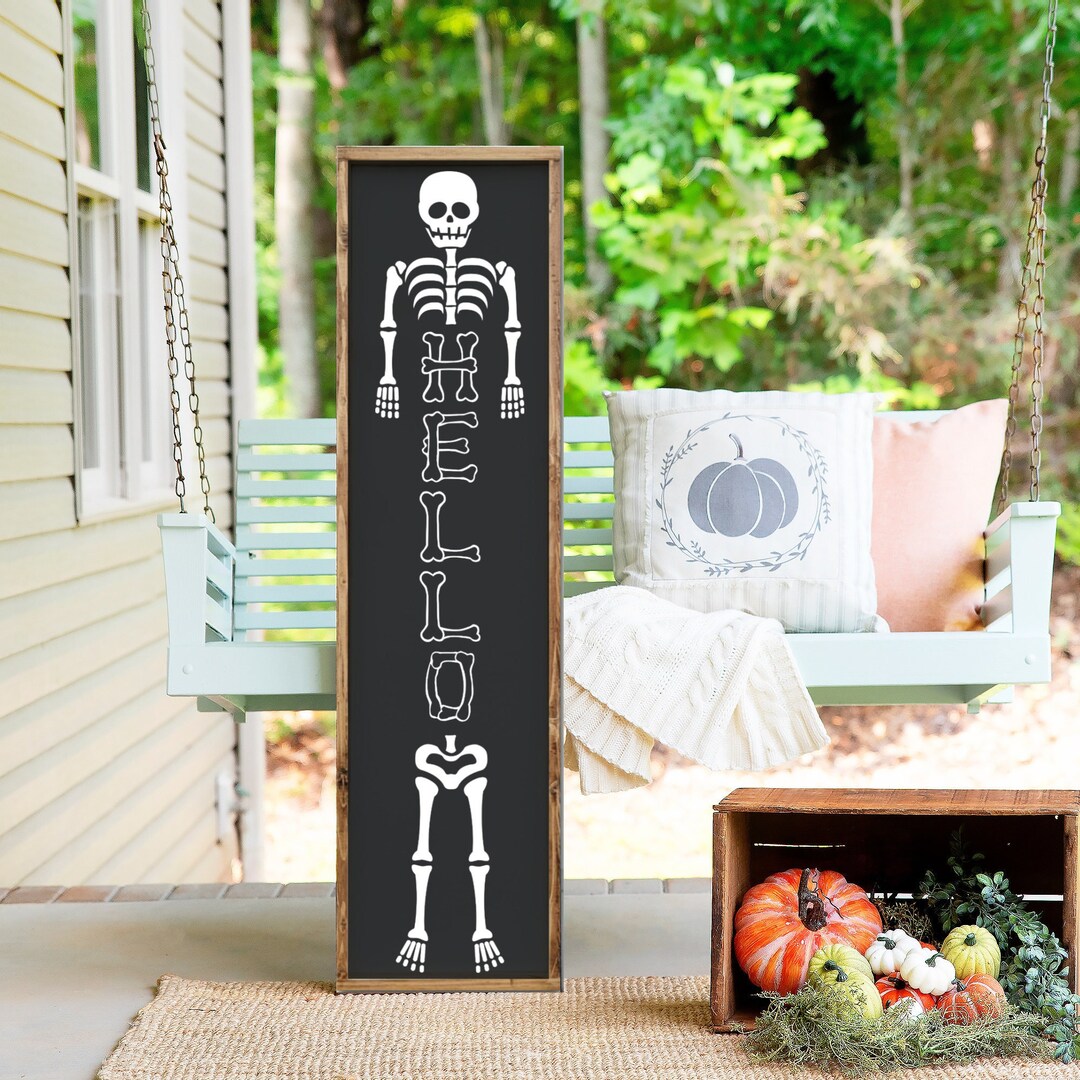 Hello Skeleton Porch Leaner, Welcome Spooky Halloween Porch Leaner Sign ...