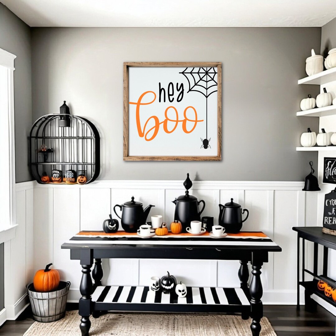 Hey Boo Halloween Wood Sign, Spider Web Decor, Modern Farmhouse ...