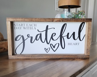 Start Each Day With A Grateful Heart Framed Wood Sign Living - Etsy