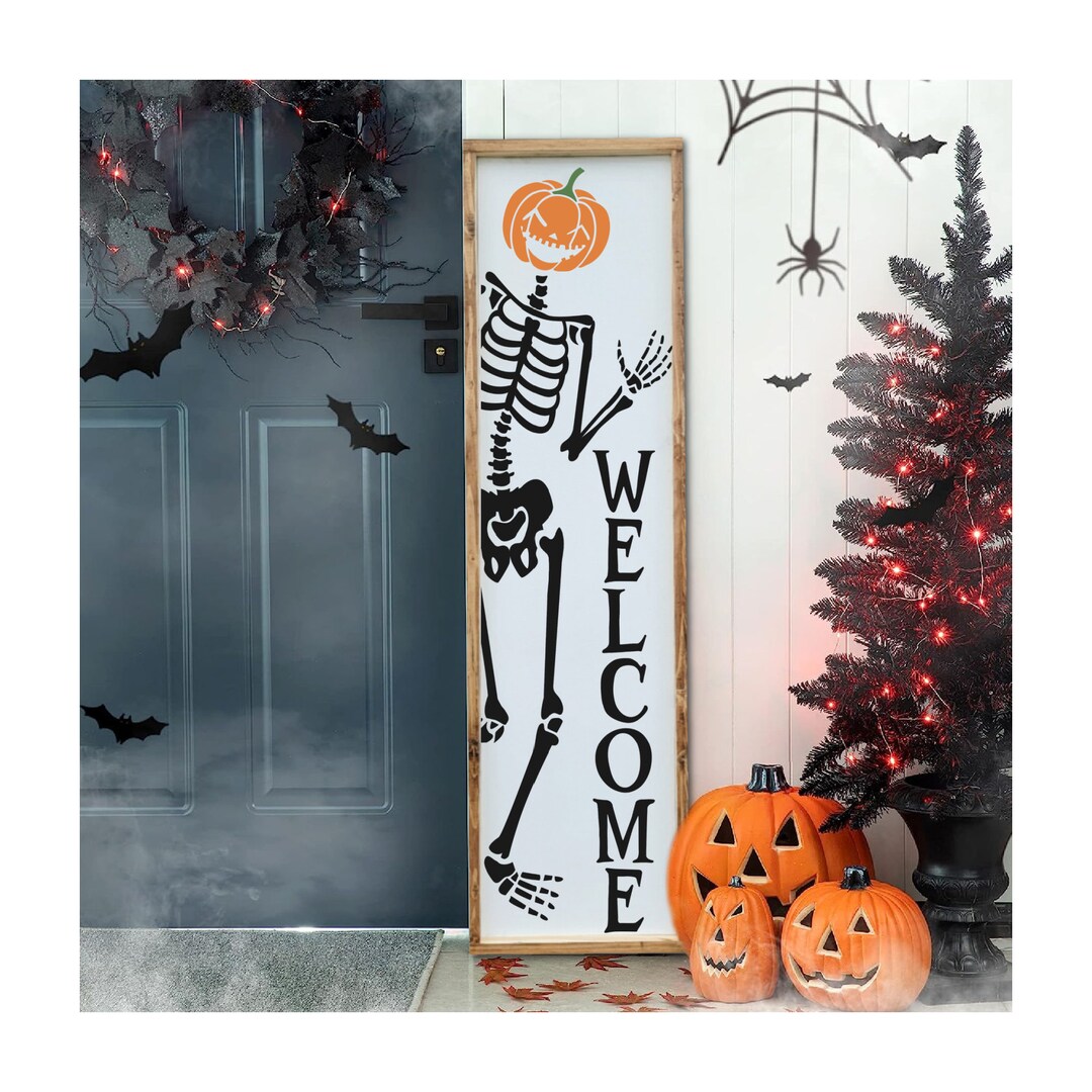Welcome Skeleton Halloween Porch Leaner Sign, Halloween Front Door ...