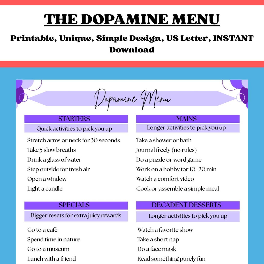 PURPLE Gentle ADHD Self Care Printable | Dopamine Menu for Overwhelmed ...
