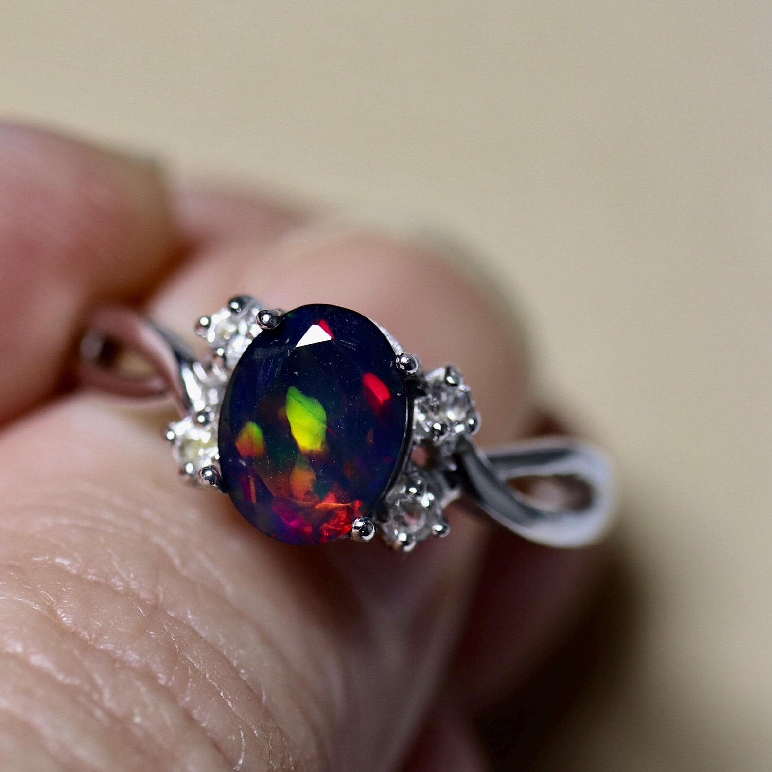 Black Fire Opal Engagement Ring/natural Opal Ring/opal Solitaire W ...