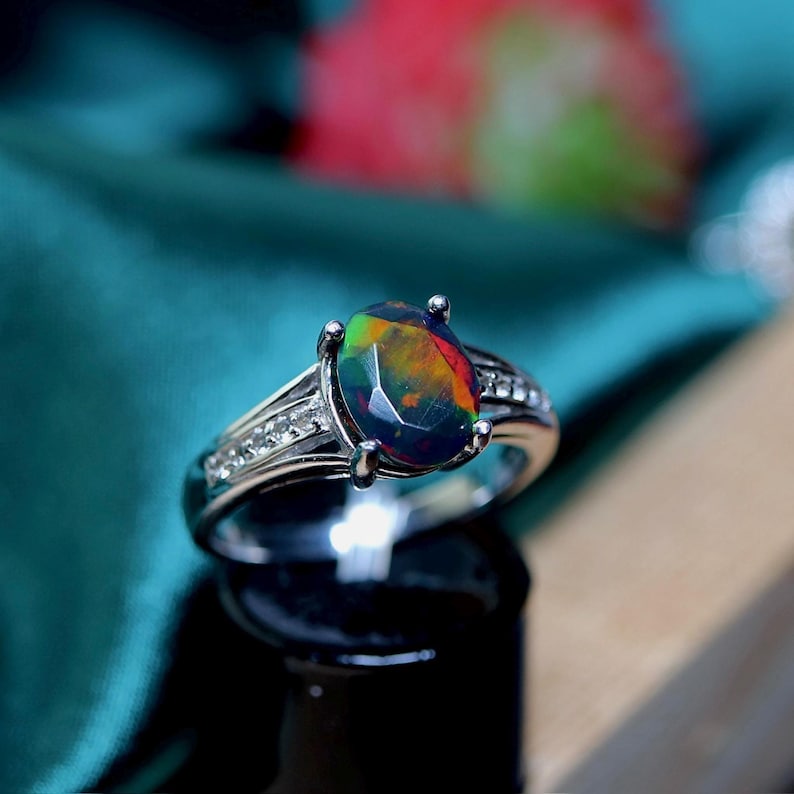 Black Fire Opal Engagement Ring Handcrafted With a Genuine Black Opal ...