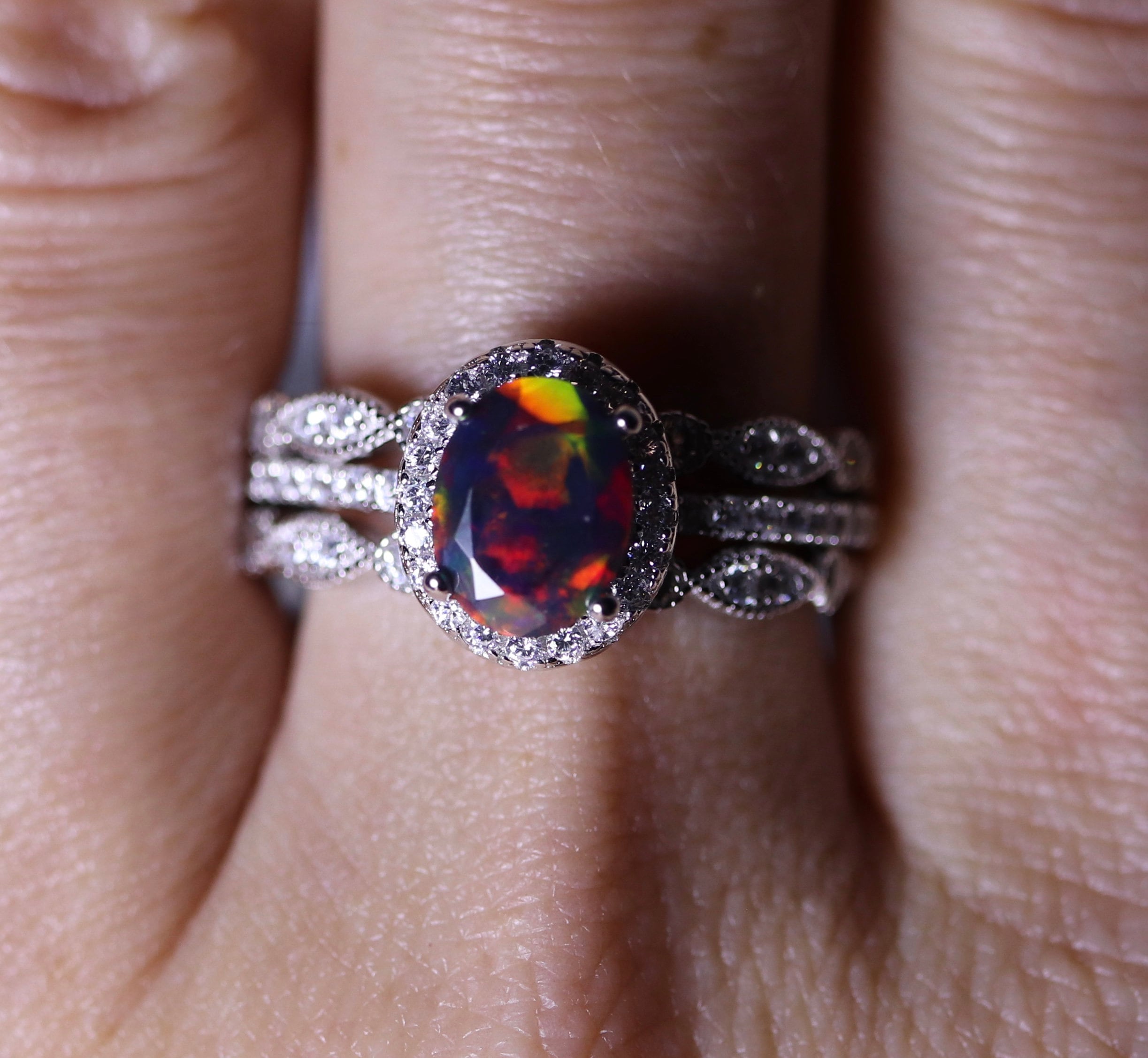 Black Opal Ring Opal Bridal Set Genuine Black Opal Opal Bridal Ring