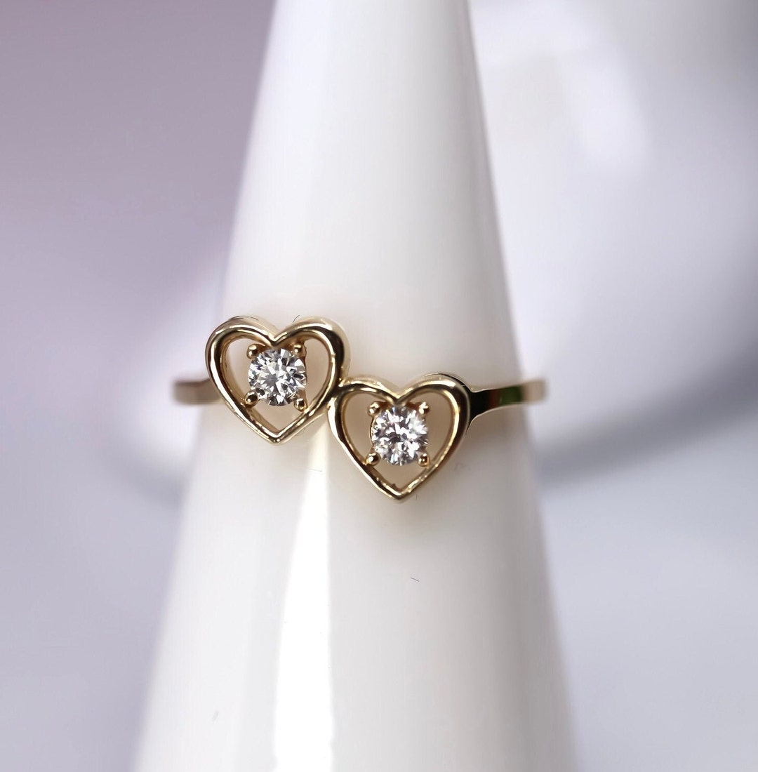 Double Heart 14k Solid Gold Diamond Ring Designed as a Couple Ring and ...