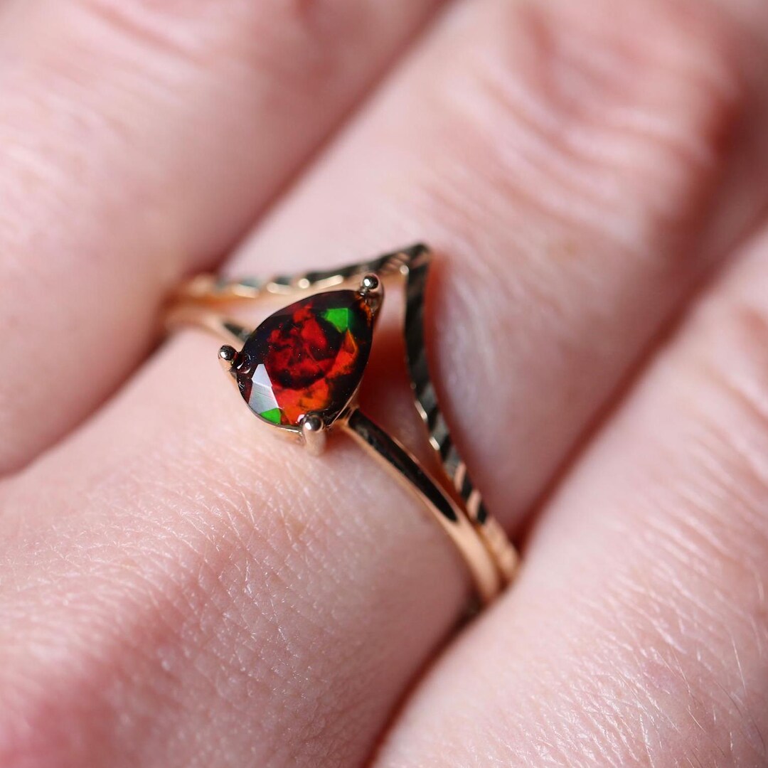 Tiny Opal Ring, Teardrop Ring, 14k Solid Gold, Designer Jewelry, Genuine Opal, Black Opal Rings ...
