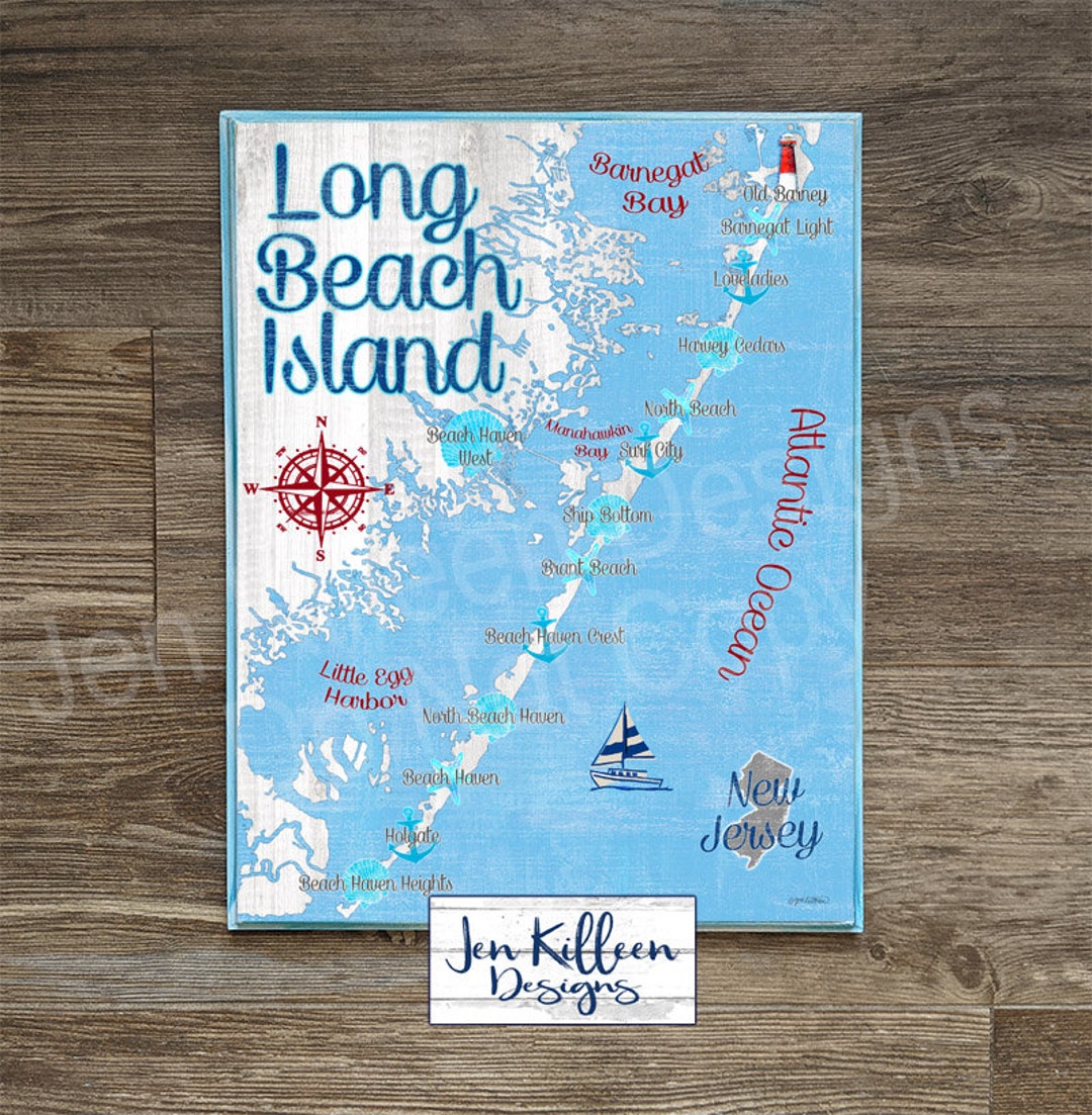 Long Beach Island NJ Map Art: LBI Beaches Wood Sign, Jersey Shore Decor ...