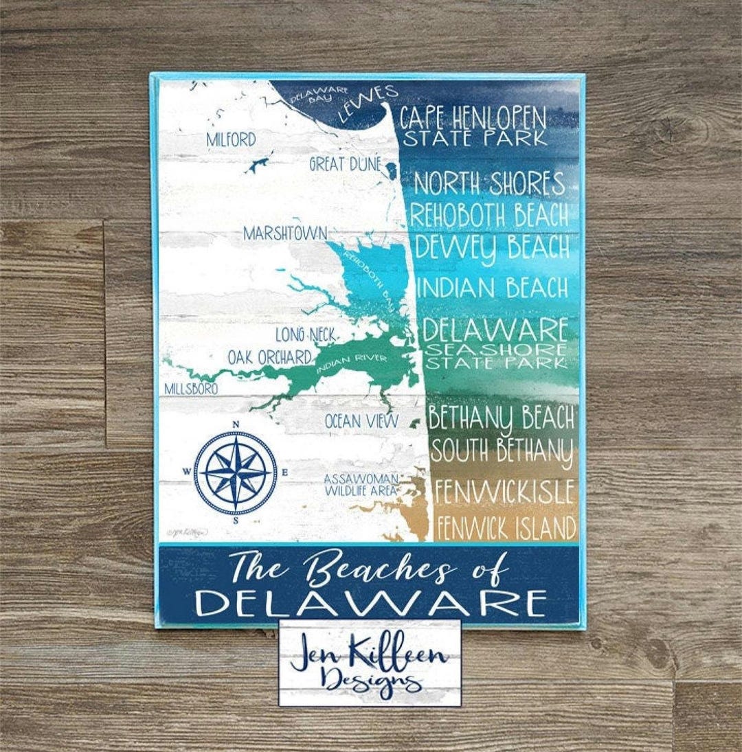 Delaware Beaches Map Sign: Coastal Wall Art, Rehoboth Beach, Dewey ...