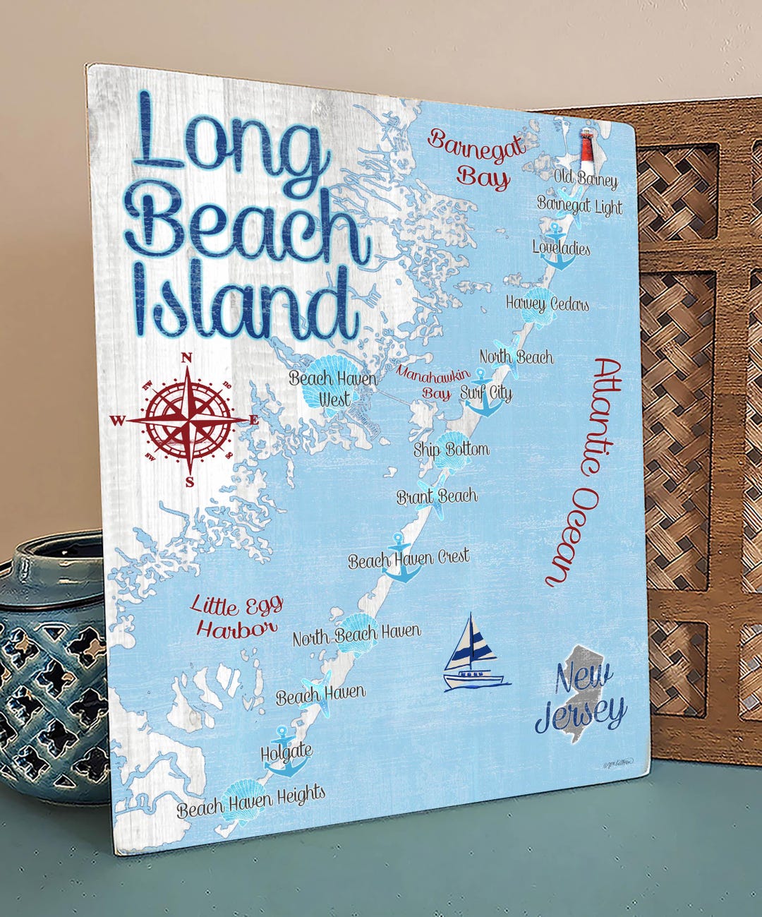 Long Beach Island NJ Map Art: LBI Beaches Wood Sign, Jersey Shore Home ...