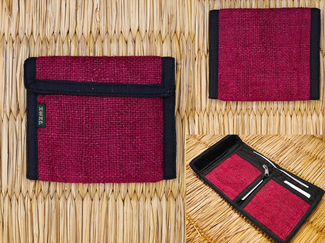 Wine Red Hemp Double Fold Wallet - Eco Boho Vegan Cards Notes Coin ...