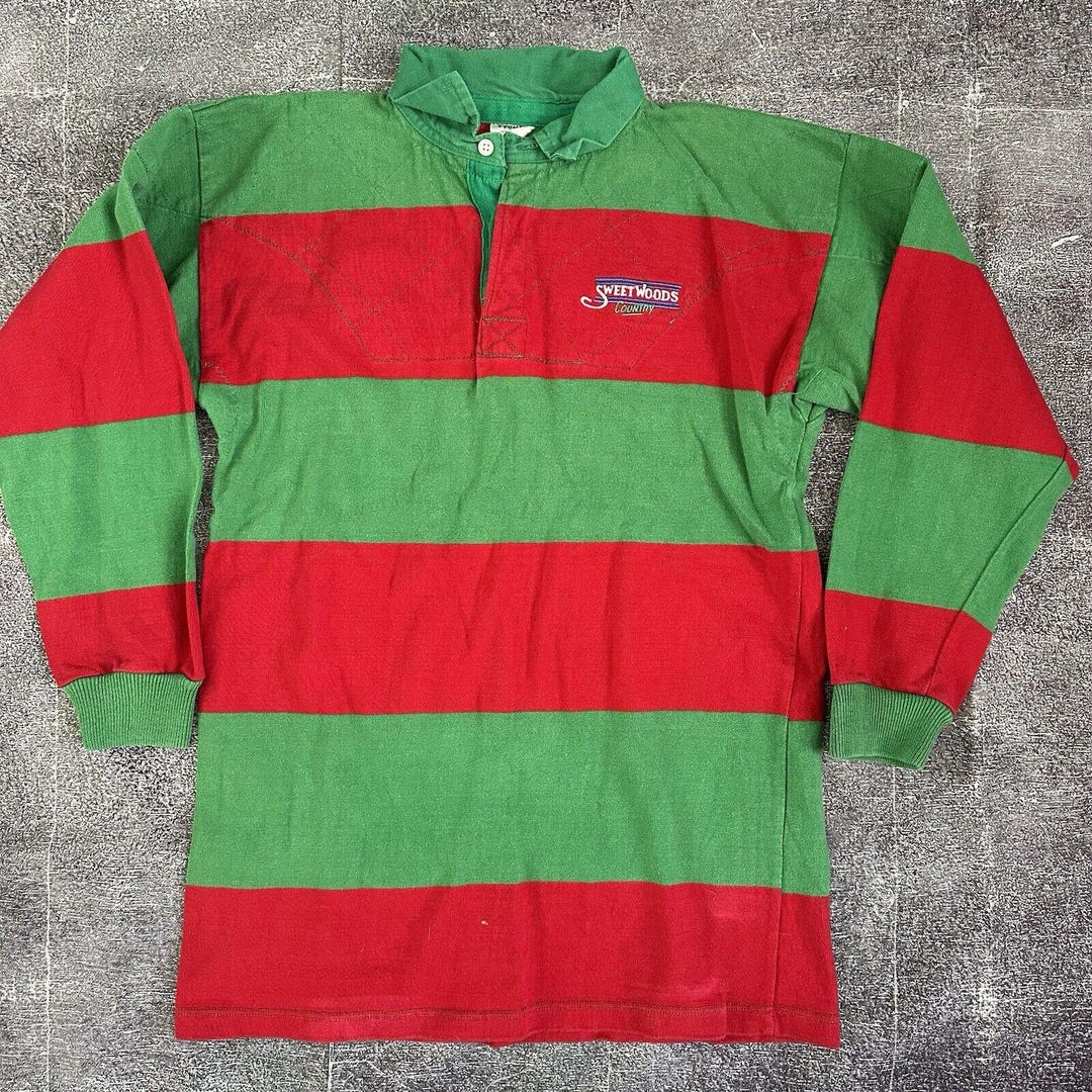 Men's Vintage 80's Sweet Woods Country Striped Green Red Rugby Polo ...