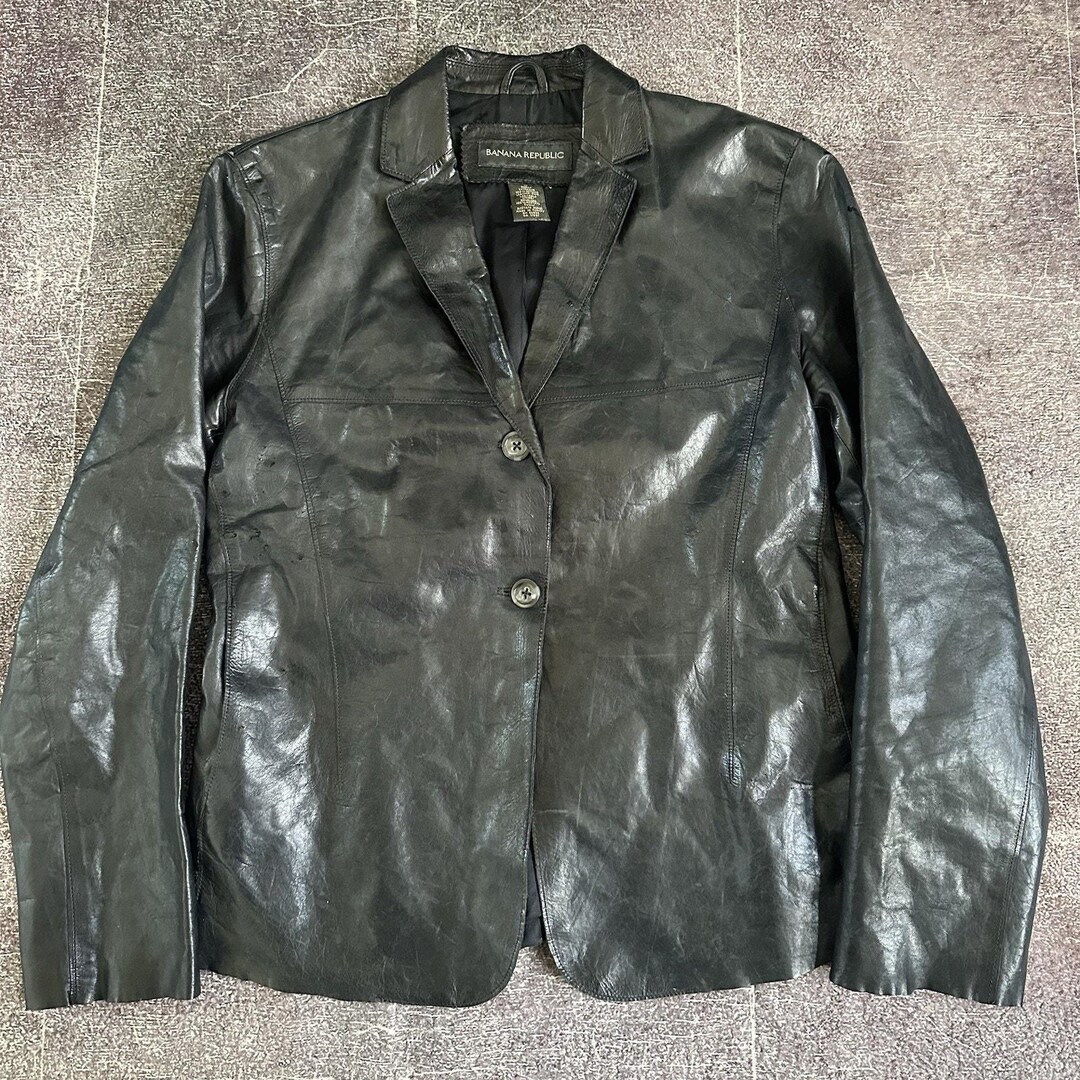 Women's Vintage Y2K Banana Republic Black Leather Button up Driver Coat ...