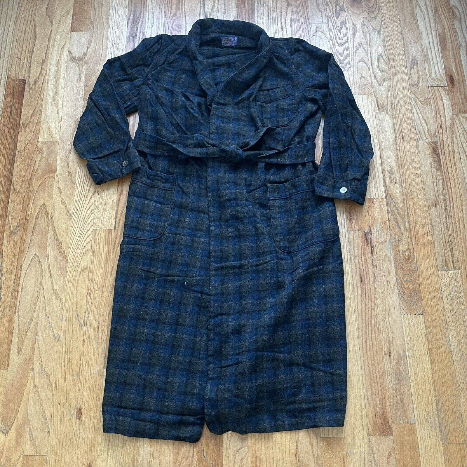 Men's Vintage 80's Pendleton USA Navy Blue Gray Plaid Wool Belted Bath Robe Sz M - Etsy