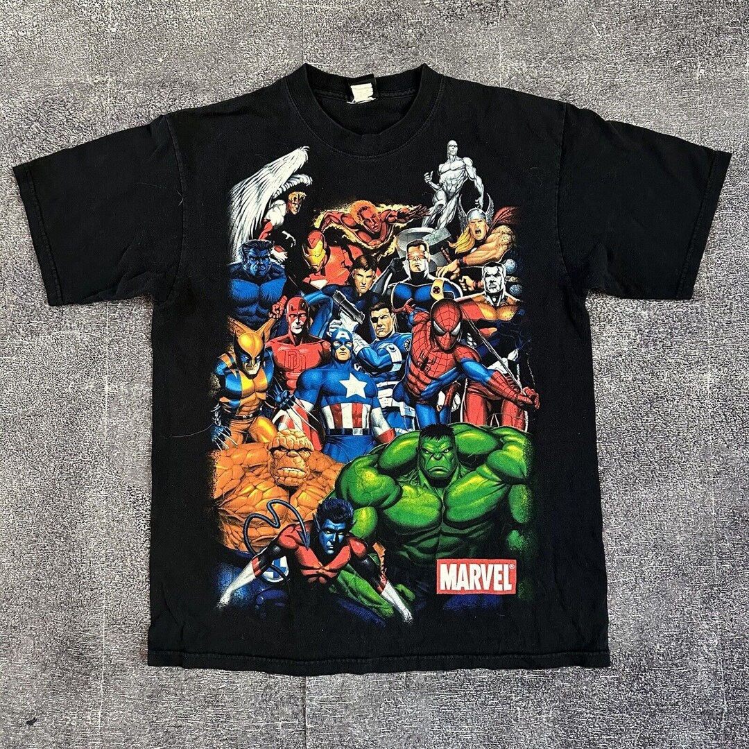 Men's Vintage Y2K Mad Engine Marvel All Over Print Comics Black T Shirt ...