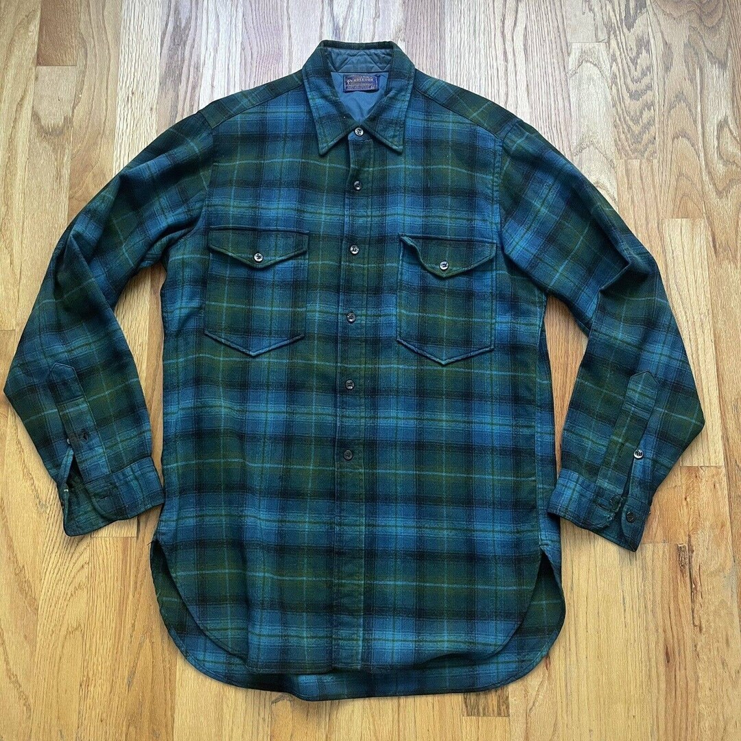 Men's Vintage 80's Pendleton USA Navy Blue Green Wool Button up Flannel Sz 15 M - Etsy