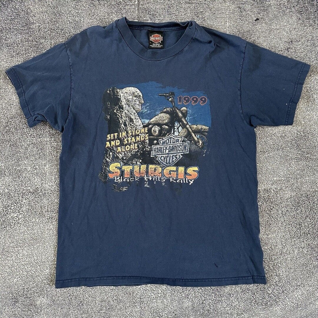 Mens Vintage 90s Harley Davidson Motorcycles Sturgis Rally Blue T Shirt ...