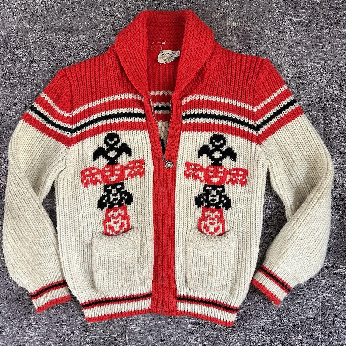 Men's Vintage 60's Knit Rite Canada Cowichan Knit Tribal Red Sweater ...