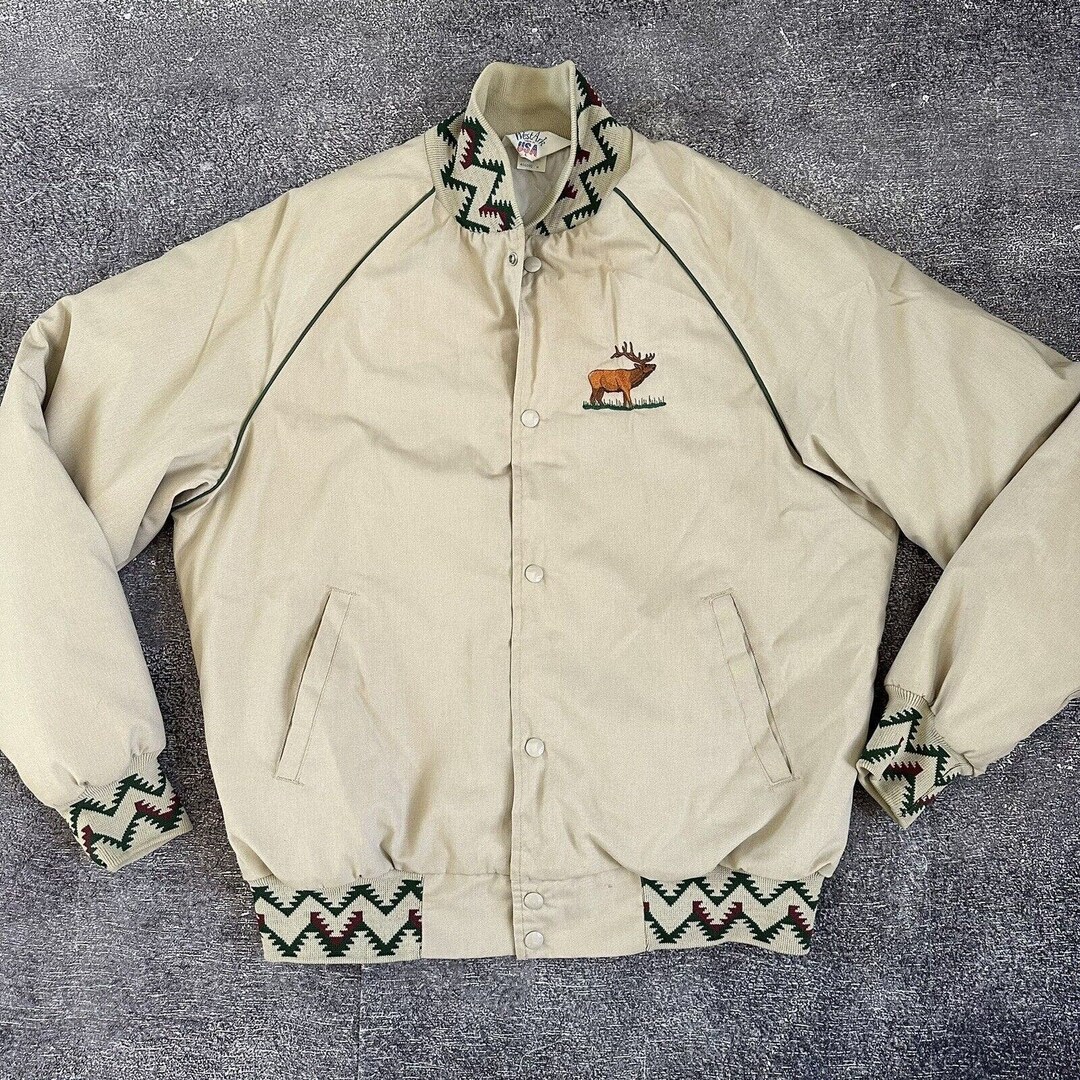 Men's Vintage 80's West Arc Quilted Elk Hunting Tribal Aztec Bomber ...