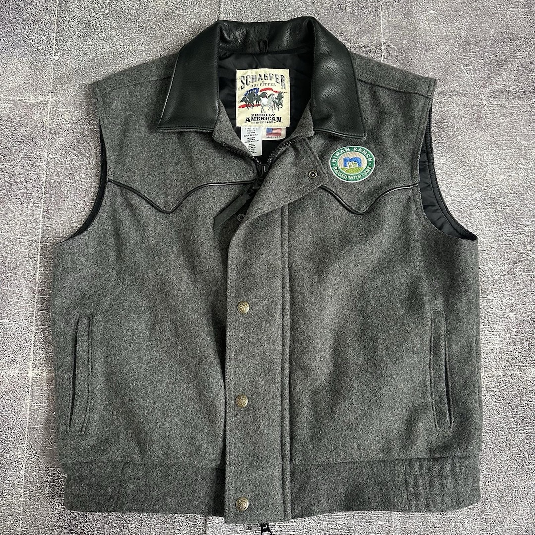 Men's Vintage Schaefer Outfitter Gray Wool Leather Western Wear Vest ...