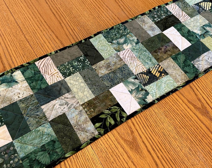 Quilted Table Runner, 12.5" X 40", Green, Handmade Custom Table Runner ...