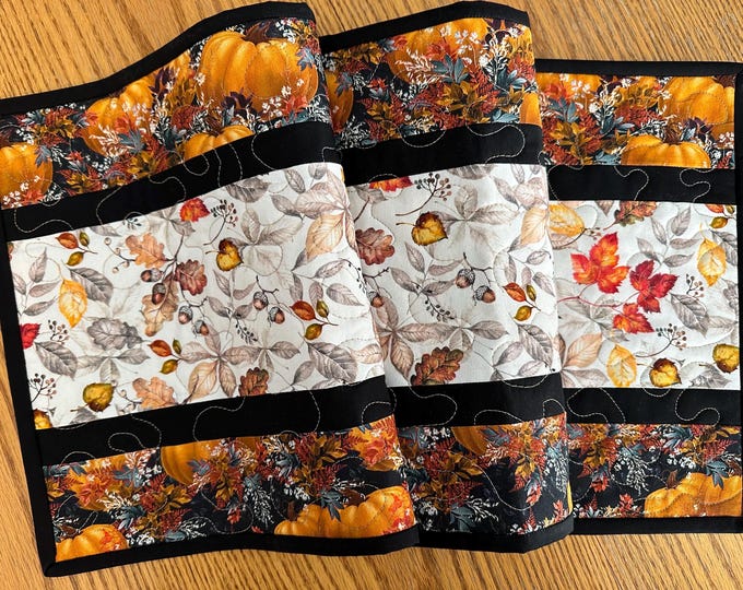 Fall Quilted Table Runner, Leaves Pumpkins, 14 X 40, Autumn Handmade ...