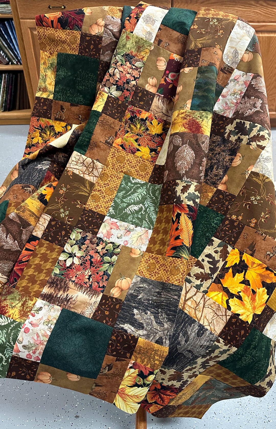 Unfinished Fall Leaves & Pumpkins Lap Quilt Top - Rustic Handmade ...