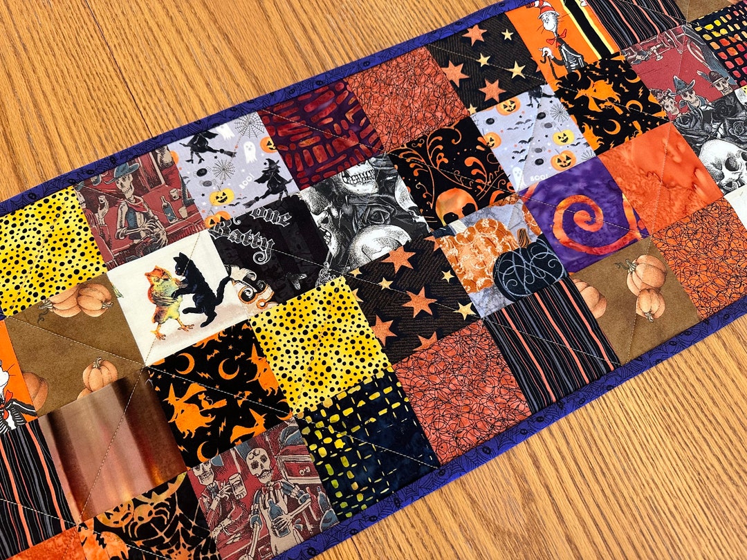 Spooky Halloween Quilted Table Runner: Pumpkins, Skulls & Witches ...