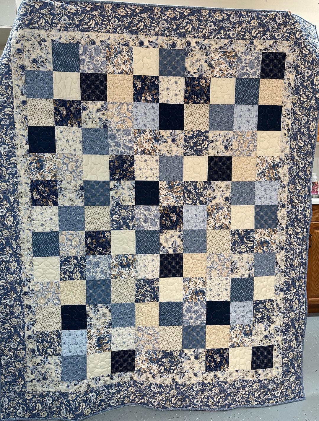 Blue and Cream Patchwork Quilt Handmade 59" X 72" Throw Couch Sofa Lap ...